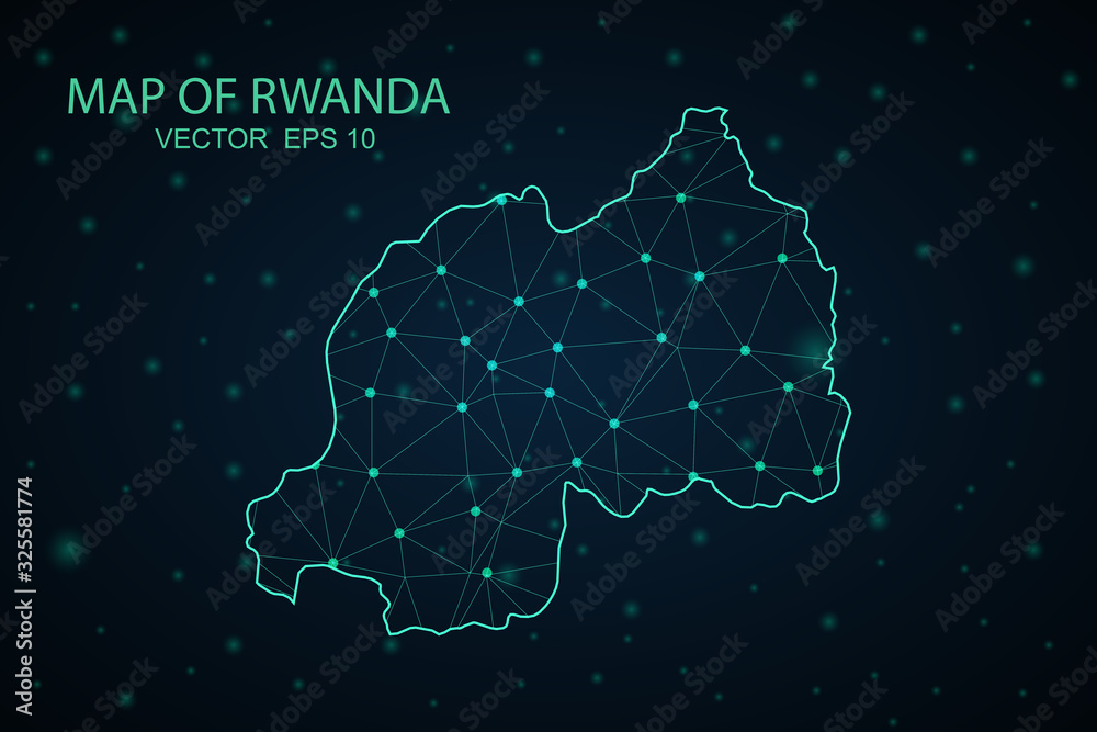 Map of Rwanda. Wire frame 3D mesh polygonal network line, design sphere ...
