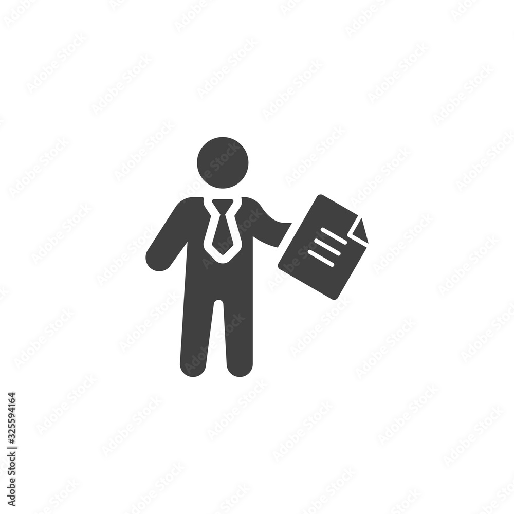 Business man with document file vector icon. filled flat sign for ...