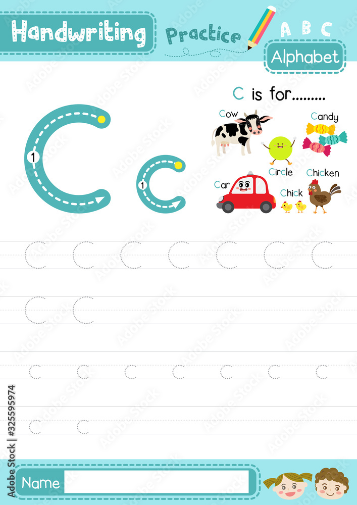 Letter C uppercase and lowercase tracing practice worksheet A4 Stock ...