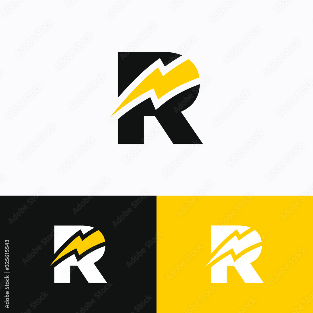 Initial Letter R with Thunder Logo Design Stock Vector | Adobe Stock