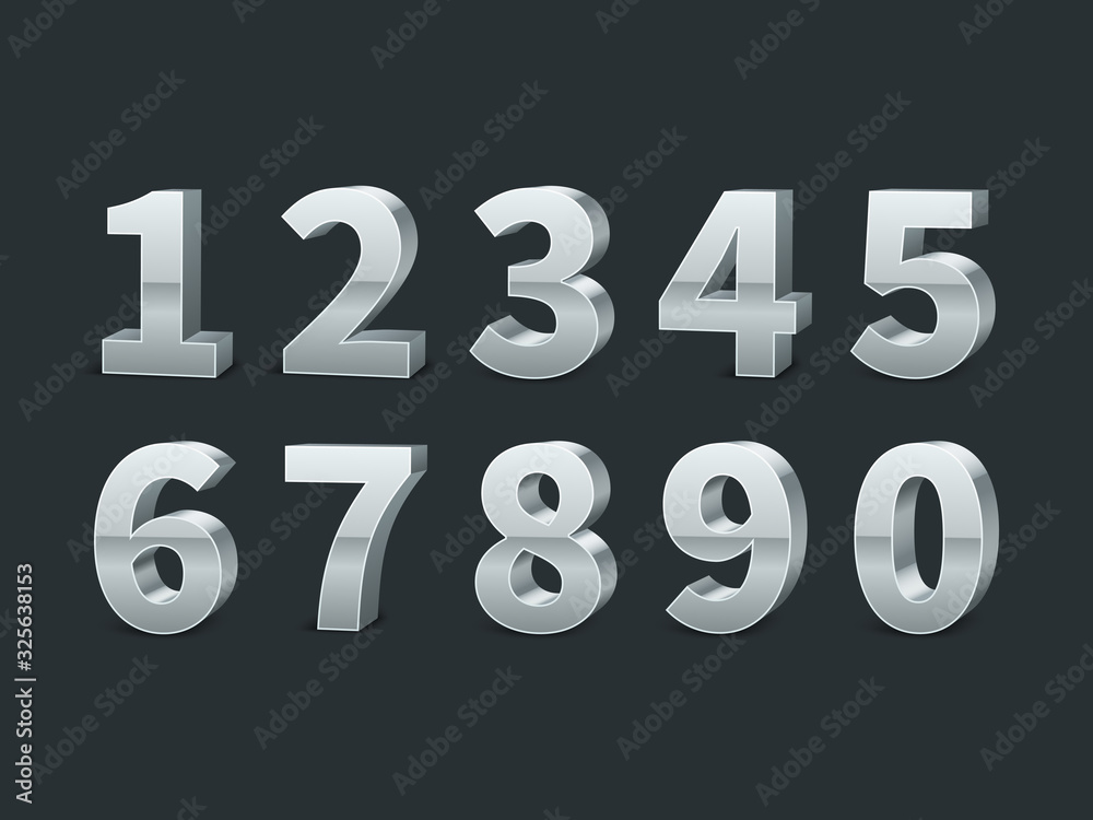 Silver 3d numbers. Realistic shiny metallic number symbols with shadows ...