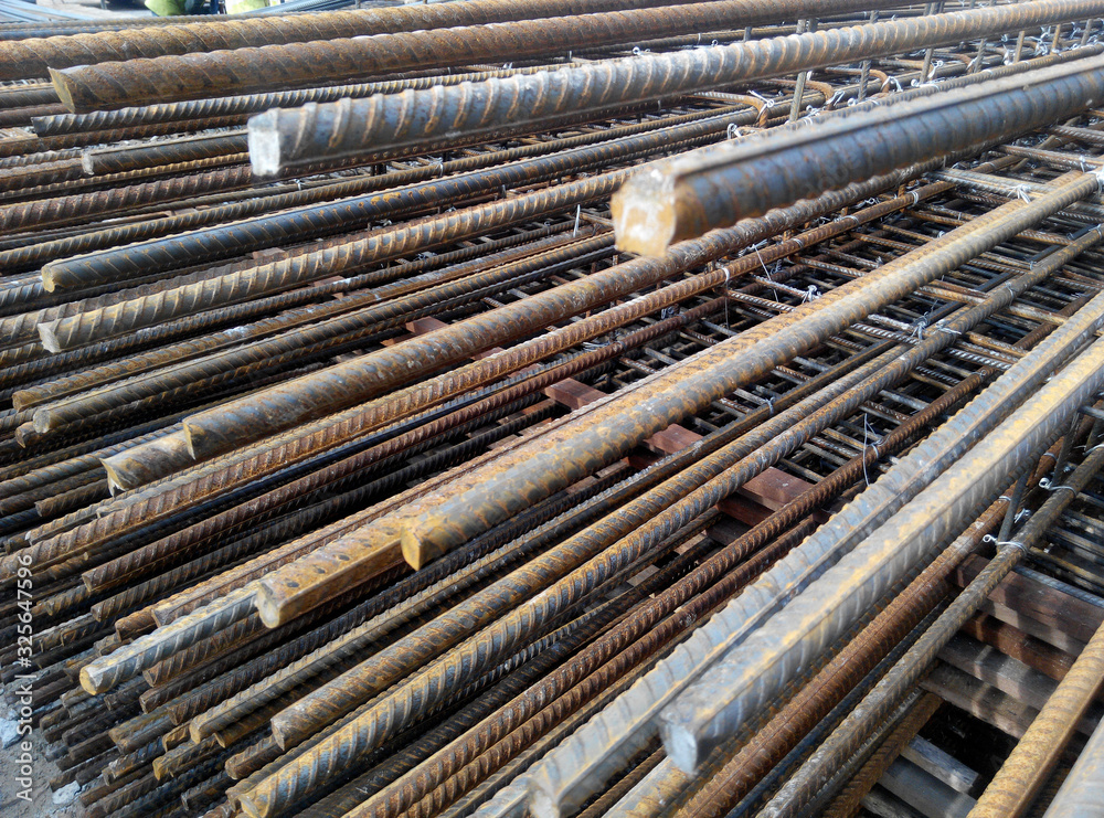 Hot rolled deformed steel bars or steel reinforcement bar tied together ...