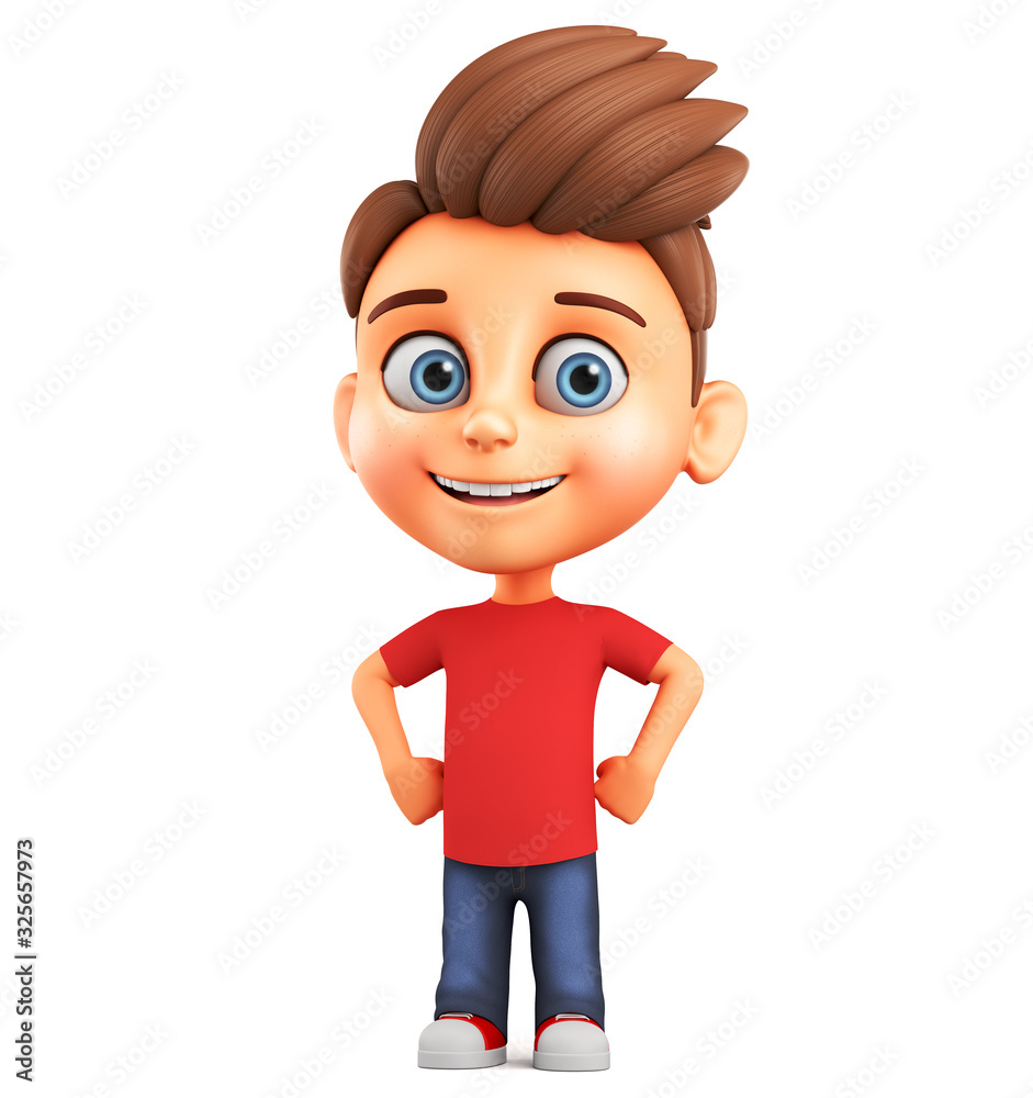 Cheerful cartoon character boy on a white background hands in hips. 3d ...