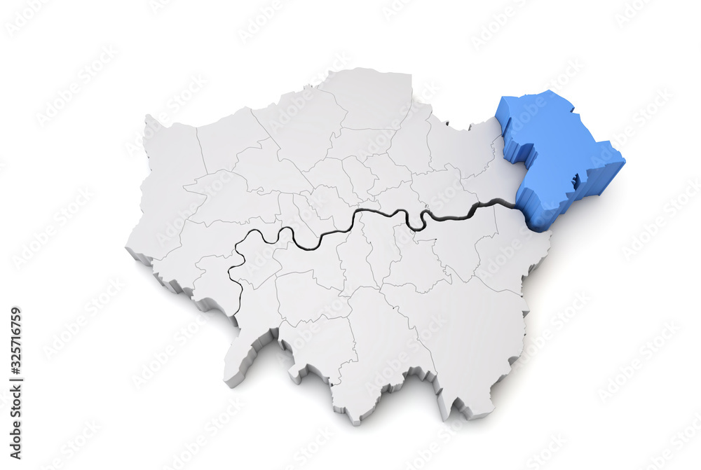 Greater London map showing Havering borough in blue. 3D Rendering Stock ...