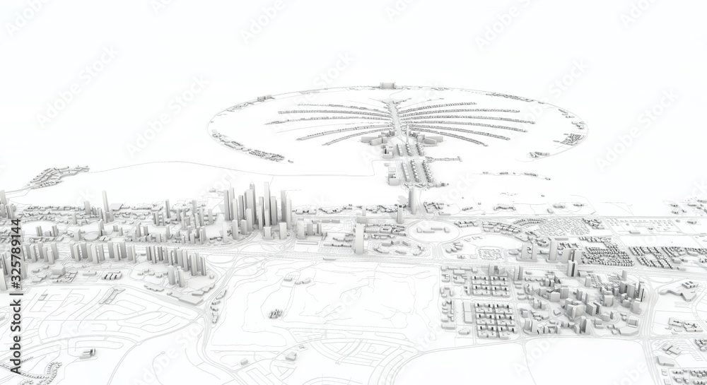 Dubai city map 3D Rendering. Aerial satellite view. Stock Illustration ...