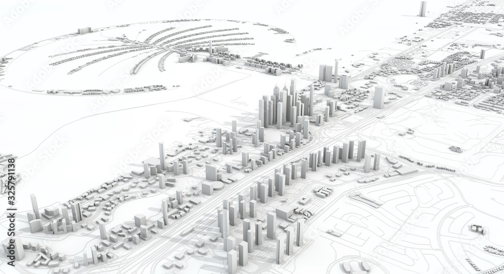 Dubai city map 3D Rendering. Aerial satellite view. Stock Illustration ...
