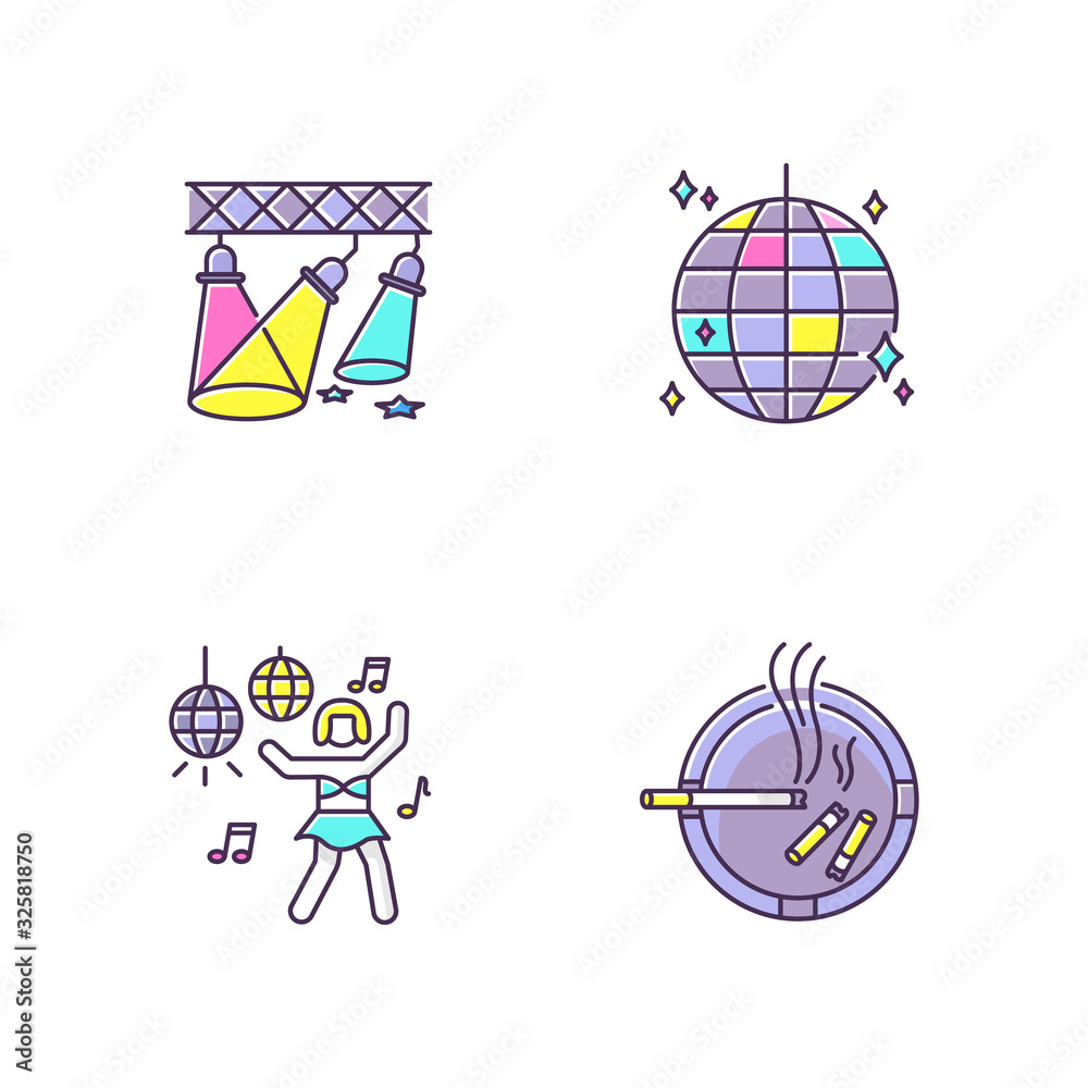 Nightclub recreation RGB color icons set. Night club leisure ...