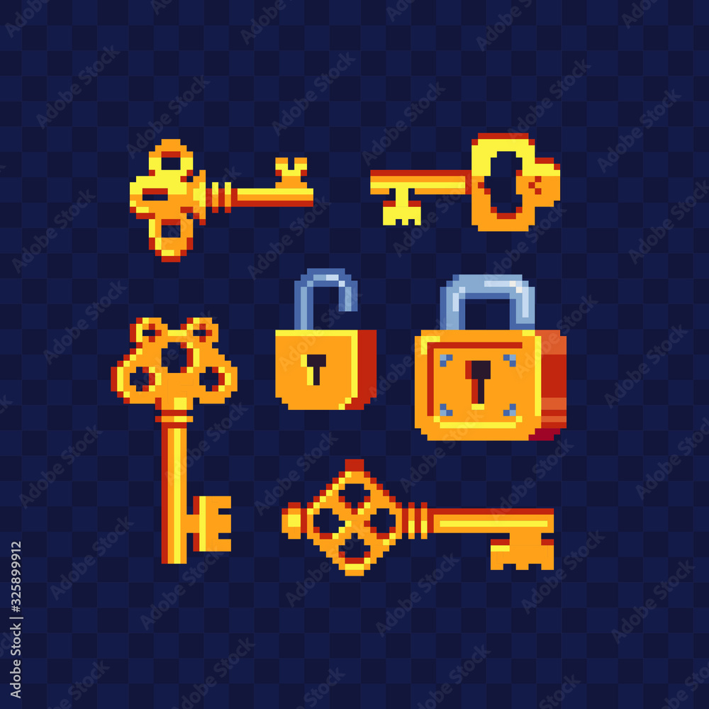 Key and lock pixel art icons set. Design for logo, stickers, web, and ...