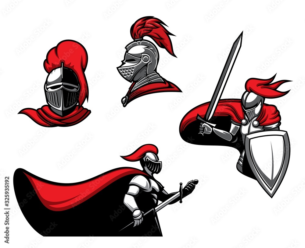 Medieval knights with swords, vector heraldic icons. Roman warrior or ...