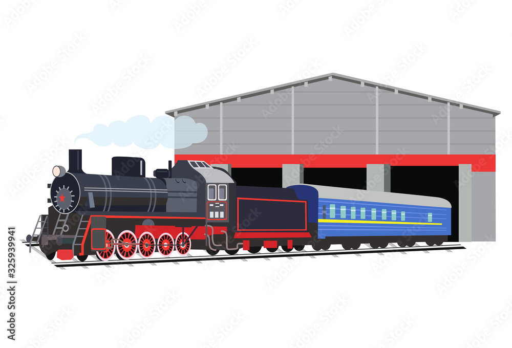 Vintage steam locomotive, steam train. Vector graphics. Museum piece ...
