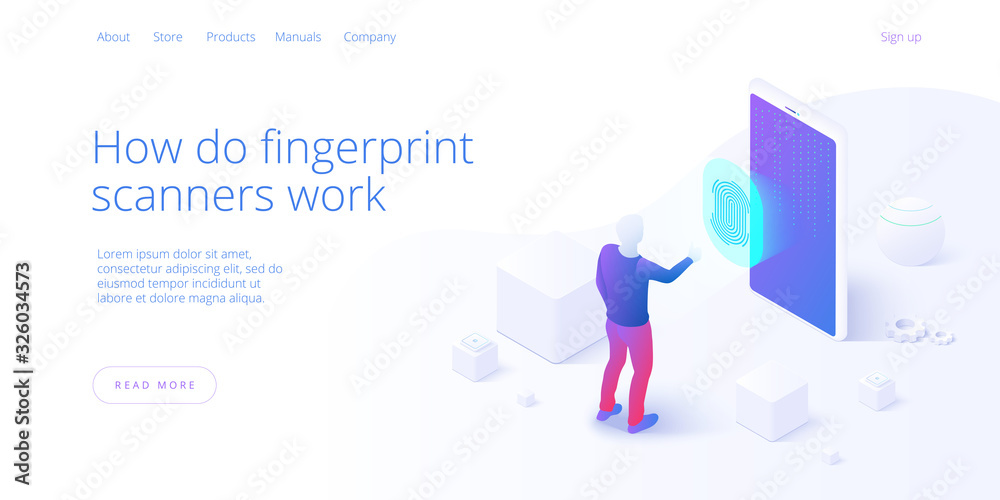 Smartphone biometric access control in isometric vector illustration. Fingerprint screening ...