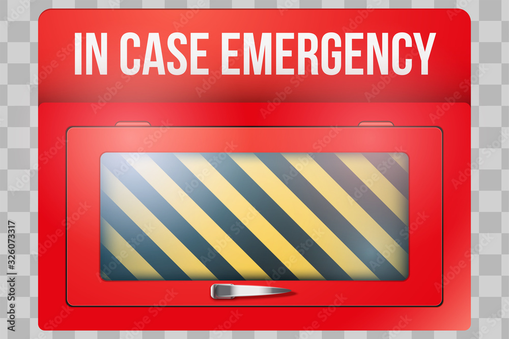 Empty red emergency box with in case of emergency breakable glass ...