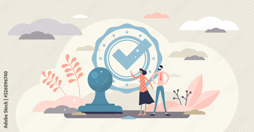 Approved check mark stamp concept, flat tiny person vector illustration ...