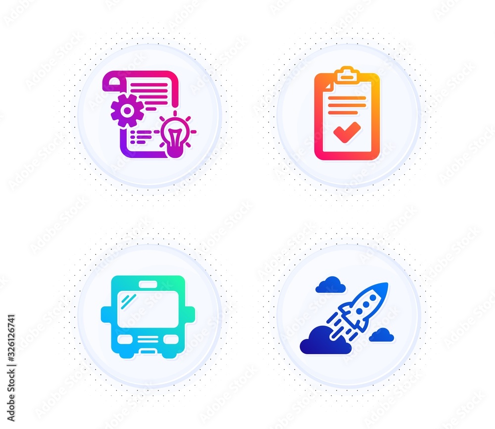 Bus, Checklist and Cogwheel icons simple set. Button with halftone dots ...