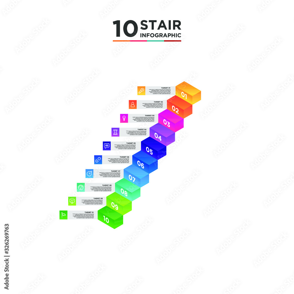 10 stair step timeline infographic element. Business concept with ten ...