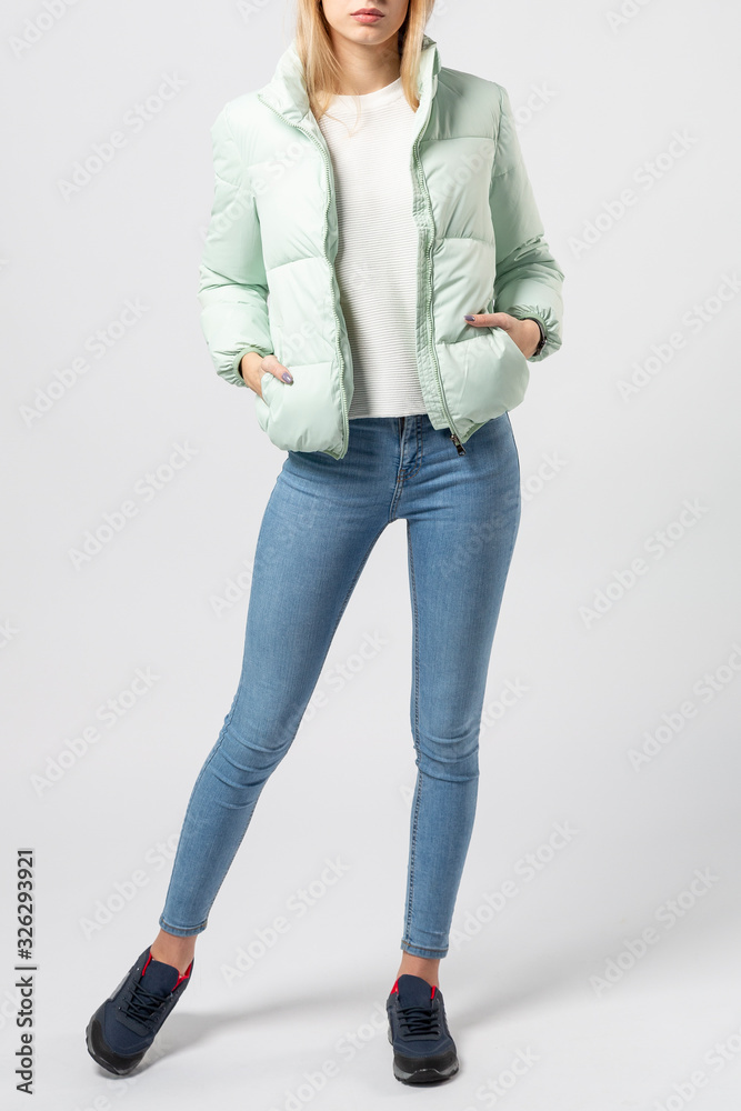 girl in demi season short jacket down jacket olive color on a white ...
