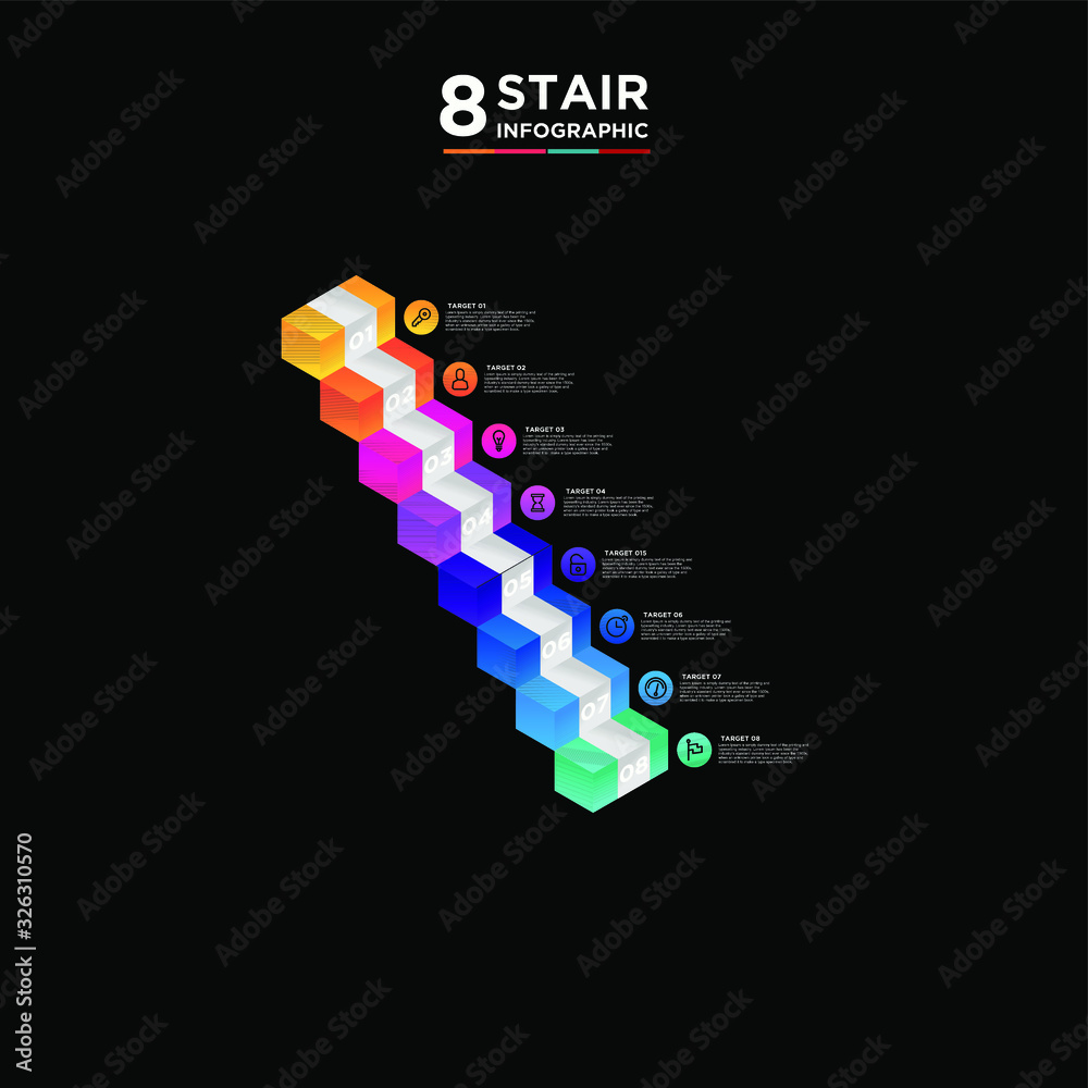 8 stair step timeline infographic element. Business concept with eight ...