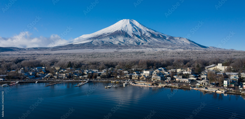 Aerial view of Mount Fuji in winter, iconic snow-capped symbol of Japan ...