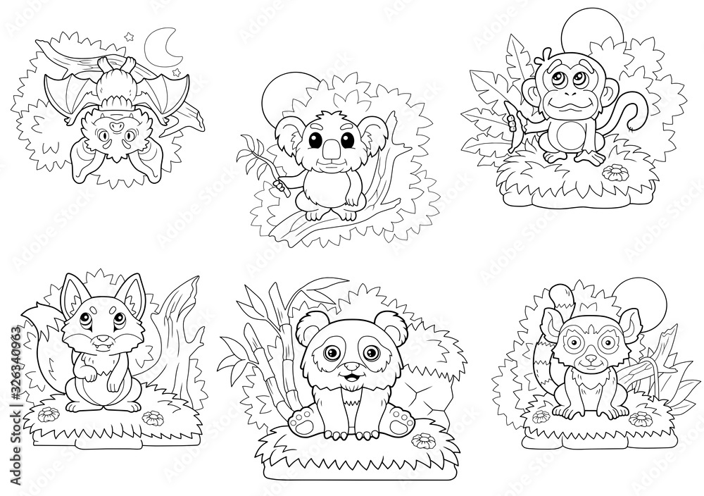 cartoon cute little animals, coloring book, image set Stock ...