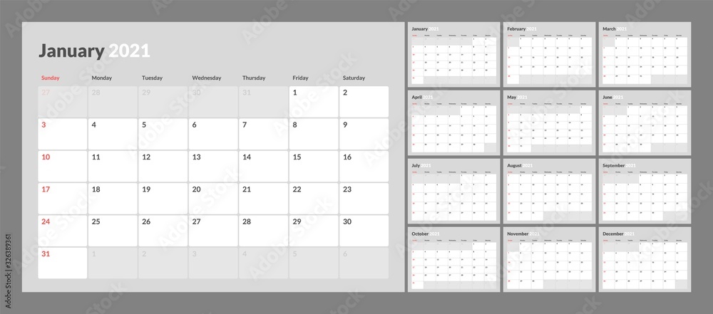 Wall calendar for 2021 year in clean minimal style. Corporate design ...