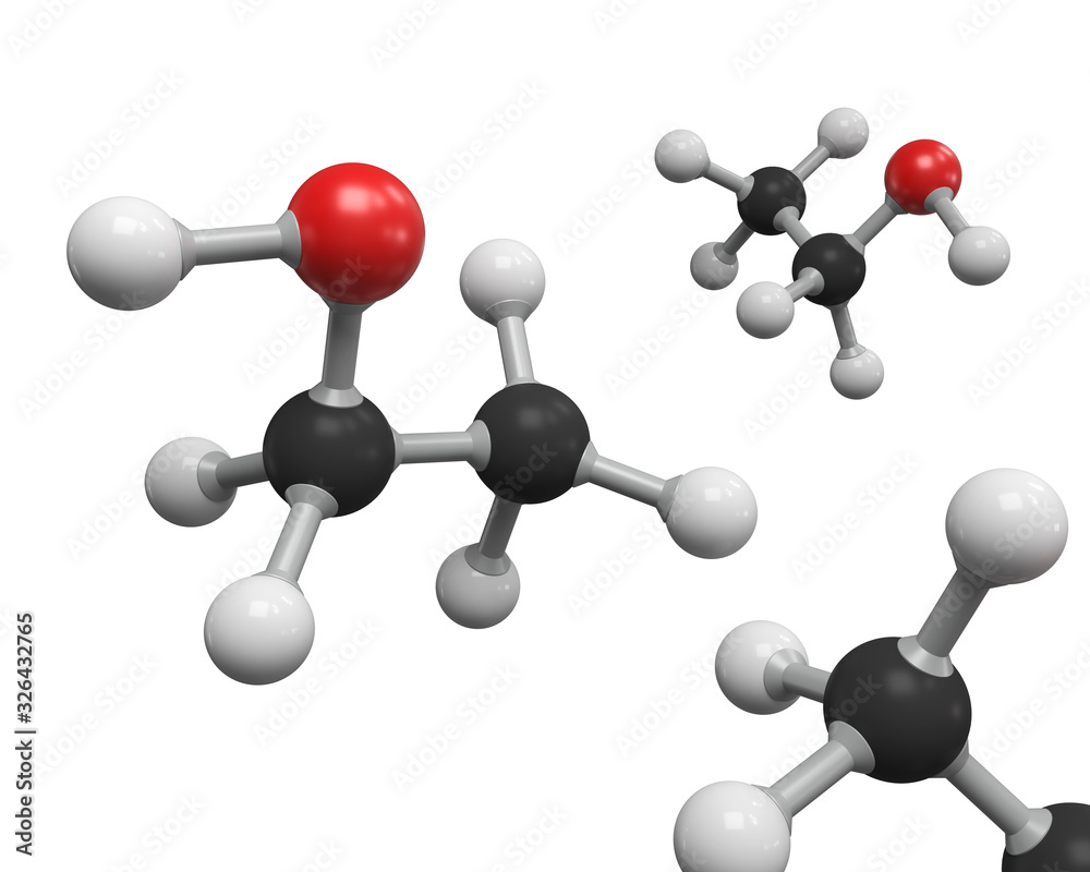Structural chemical formula of ethanol molecule on white background, 3d ...