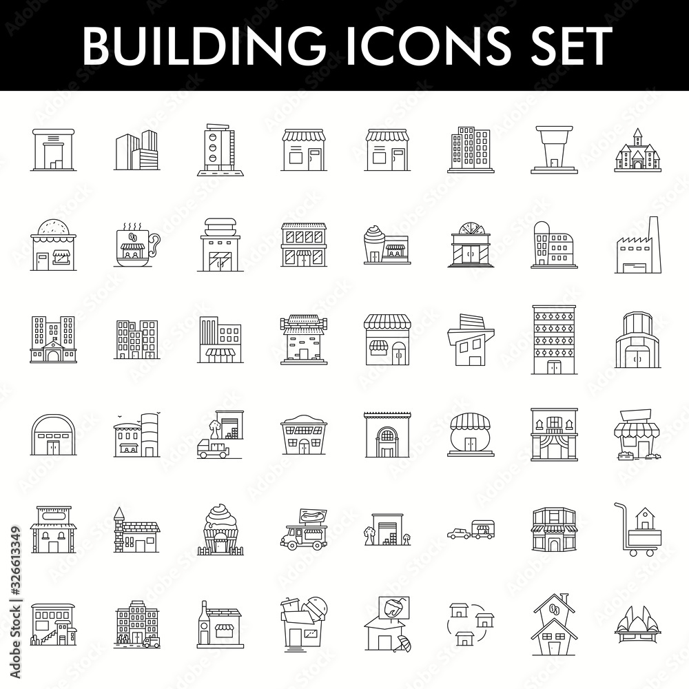 Line Art Illustration of Building Icon Set on White Background. Stock ...