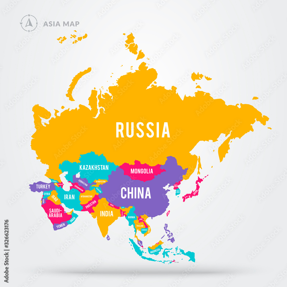 Vector illustration colorful map focus on asian countries. Asia states ...