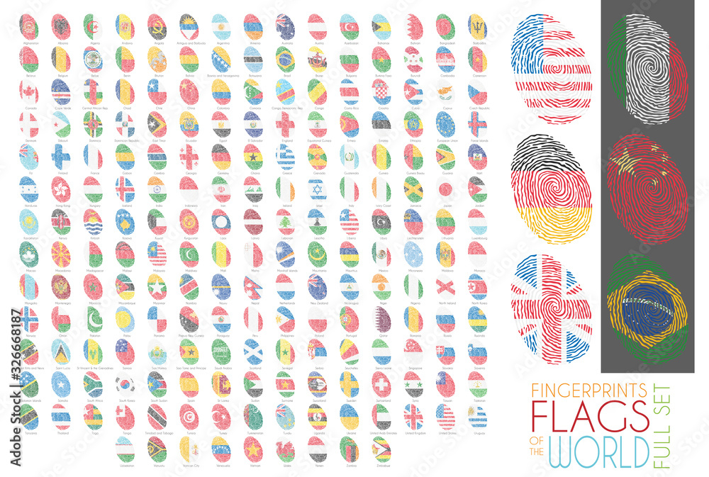 Set of 204 fingerprints colored with the national flags of all the ...