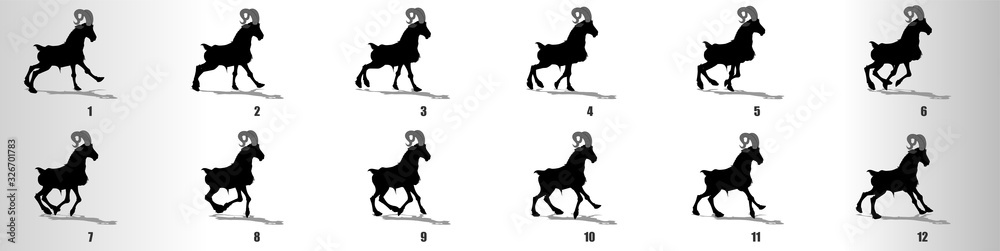 Стоковое векторное изображение «Goat run cycle animation frames silhouette, loop animation ...