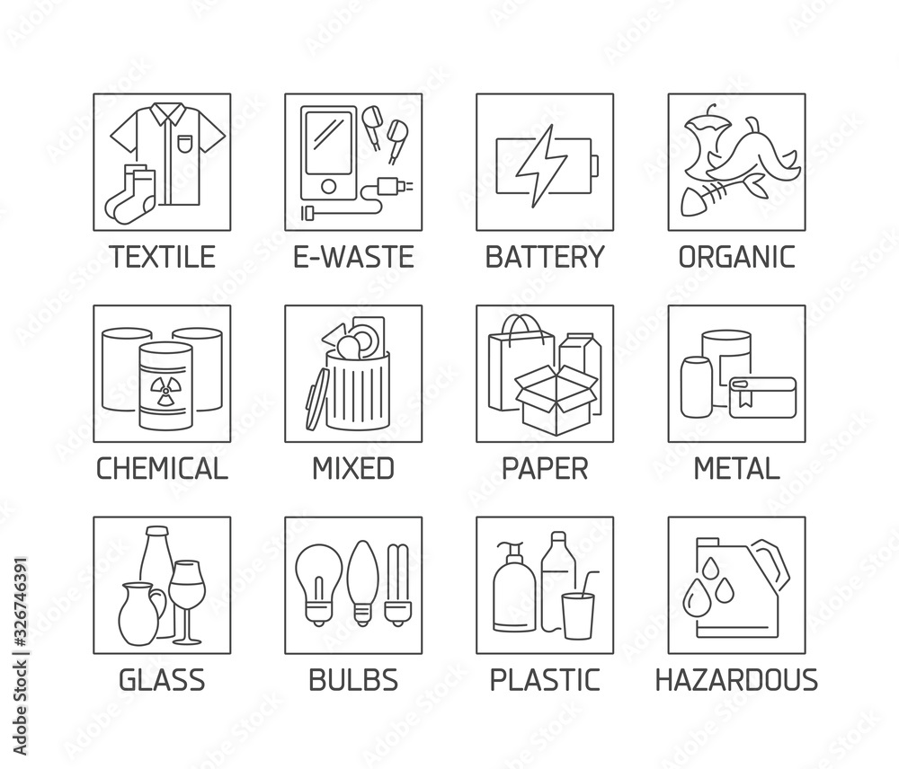 Vector set of different recycling garbage waste types sorting ...