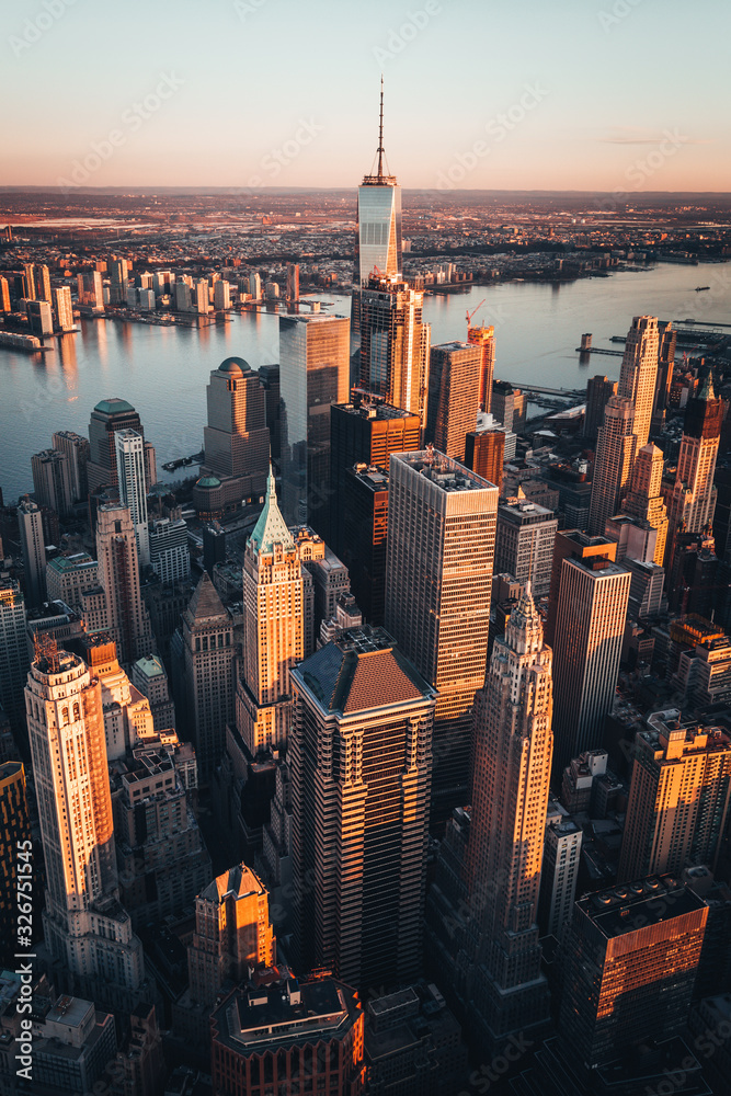 Manhattan Skyline World Trade center at sunrise, beautiful morning glow ...