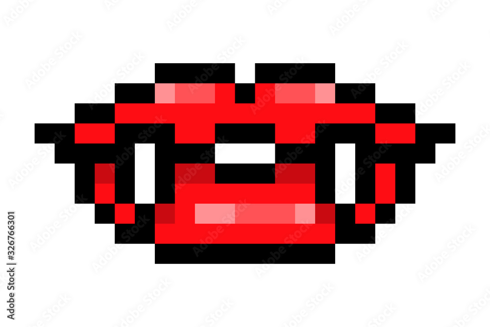 Red vampire lips with long fangs, black outline pixel art icon isolated ...