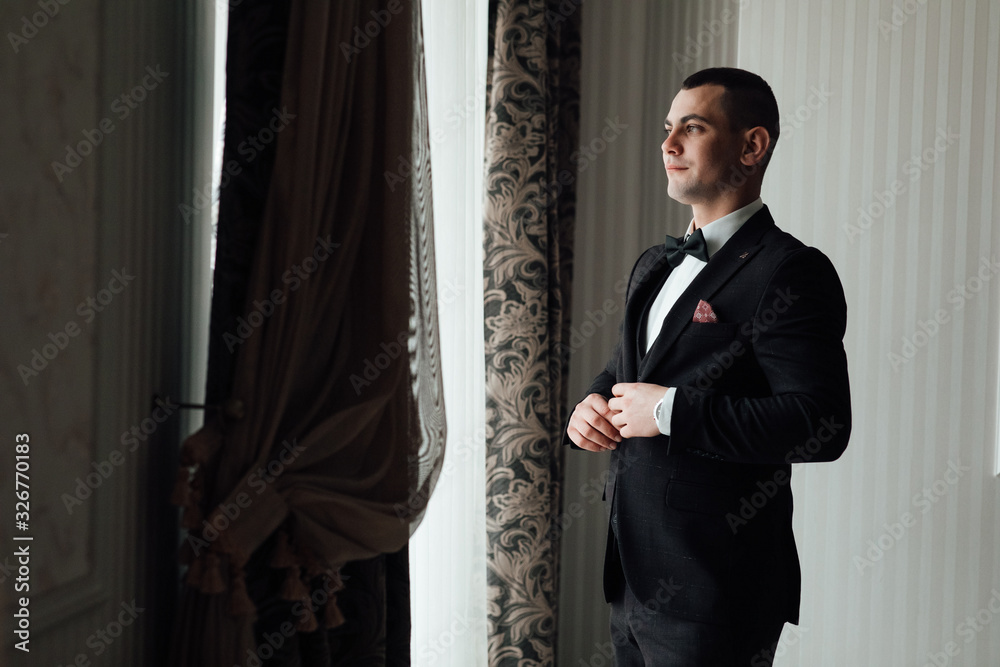 Grooms morning preparation. Preparation of groom before wedding at home ...