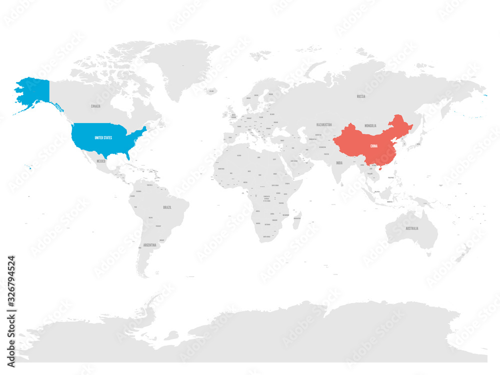United States and China highlighted on political map of World. Vector ...