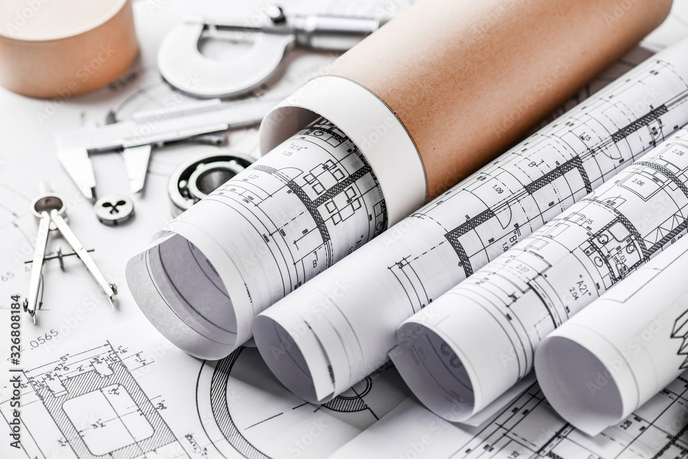 Technical drawings with measure tools. Pencil, measurement. Papers with ...