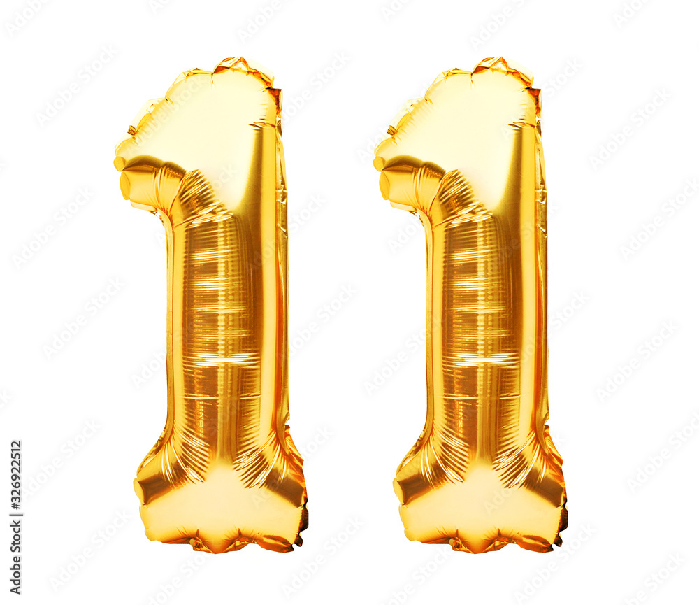 Number 11 eleven made of golden inflatable balloons isolated on white ...