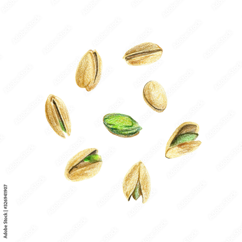 Set of pistachios on a white background. Peeled nuts and whole nuts in ...