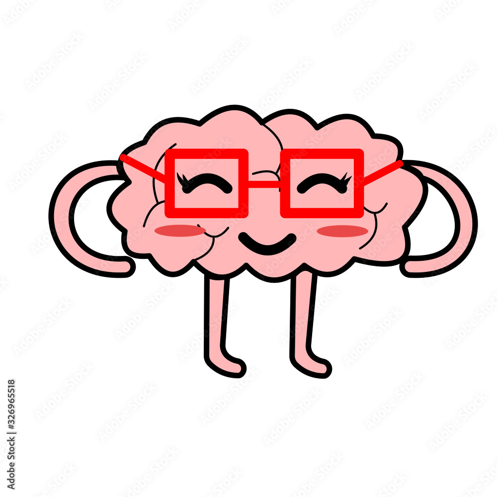Vector illustration of pink color human brain with glasses on white ...