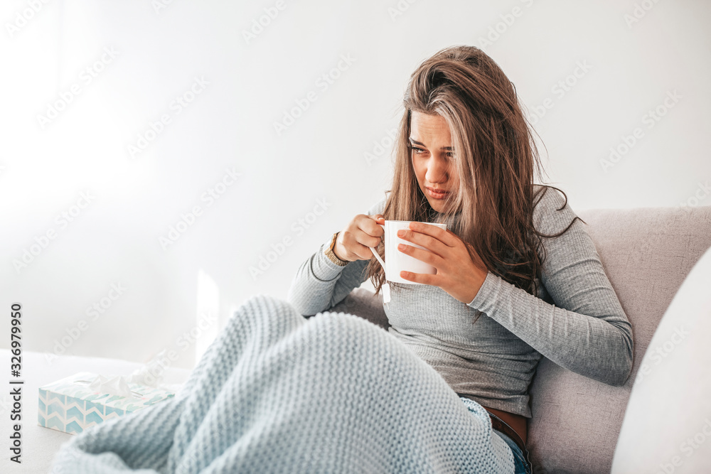 Cold And Flu. Portrait Of Ill Woman Caught Cold, Feeling Sick And ...