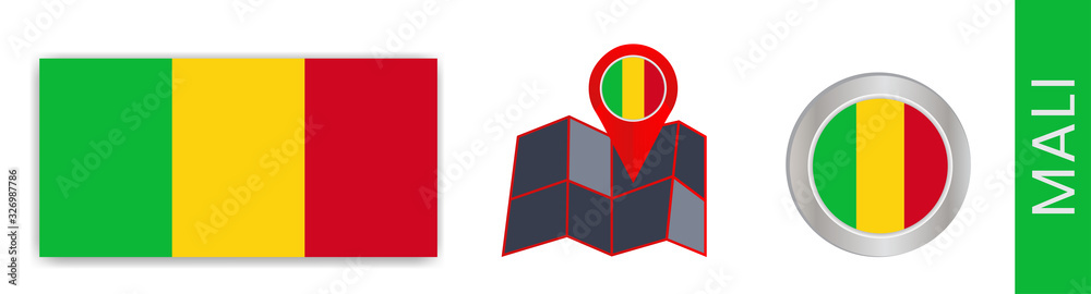 Collection of Mali national flags isolated in official colors and Mali ...