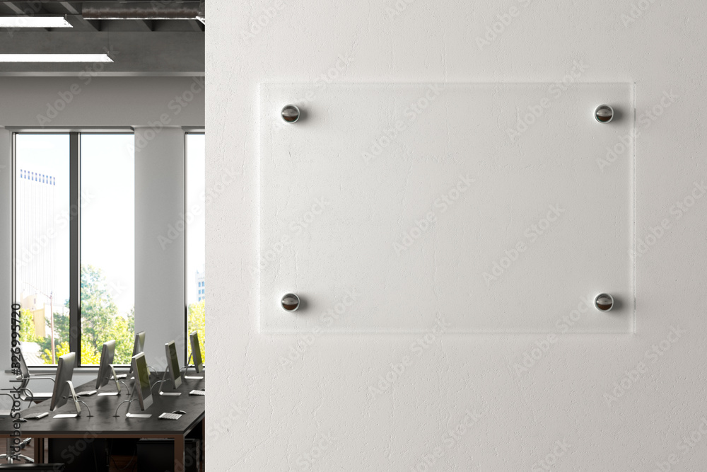 Blank horizontal transparent glass sign plate on the white wall in ...