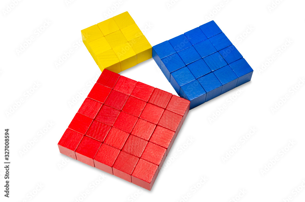 Pythagorean theorem shown with colorful wooden cubes, side view ...