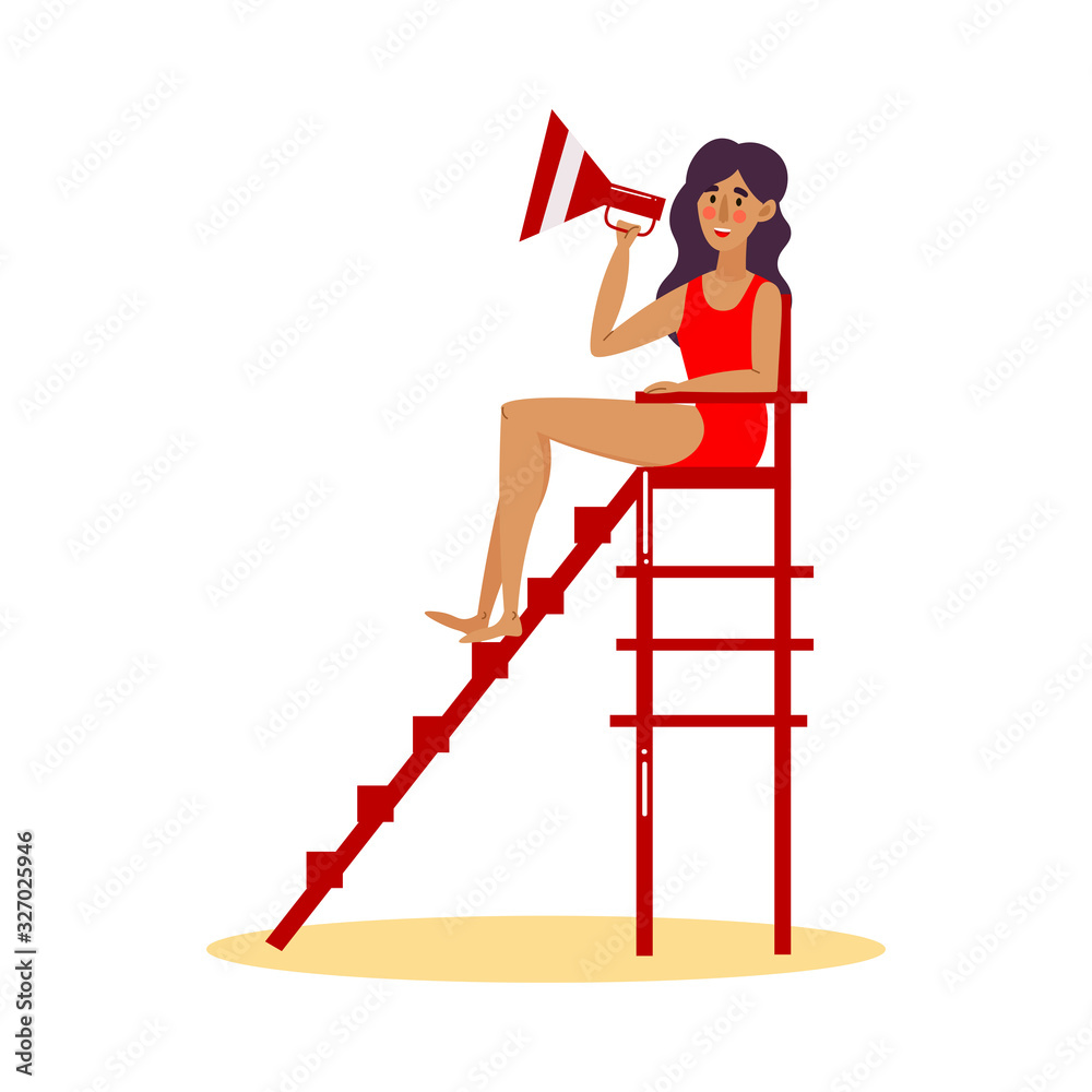 Cute lifeguard girl in red swimsuit sitting on lookout tower with the ...