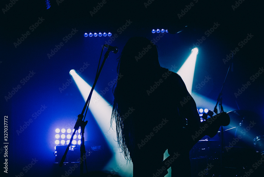 Basist, member of the metal band, performing live on stage. Silhouette ...