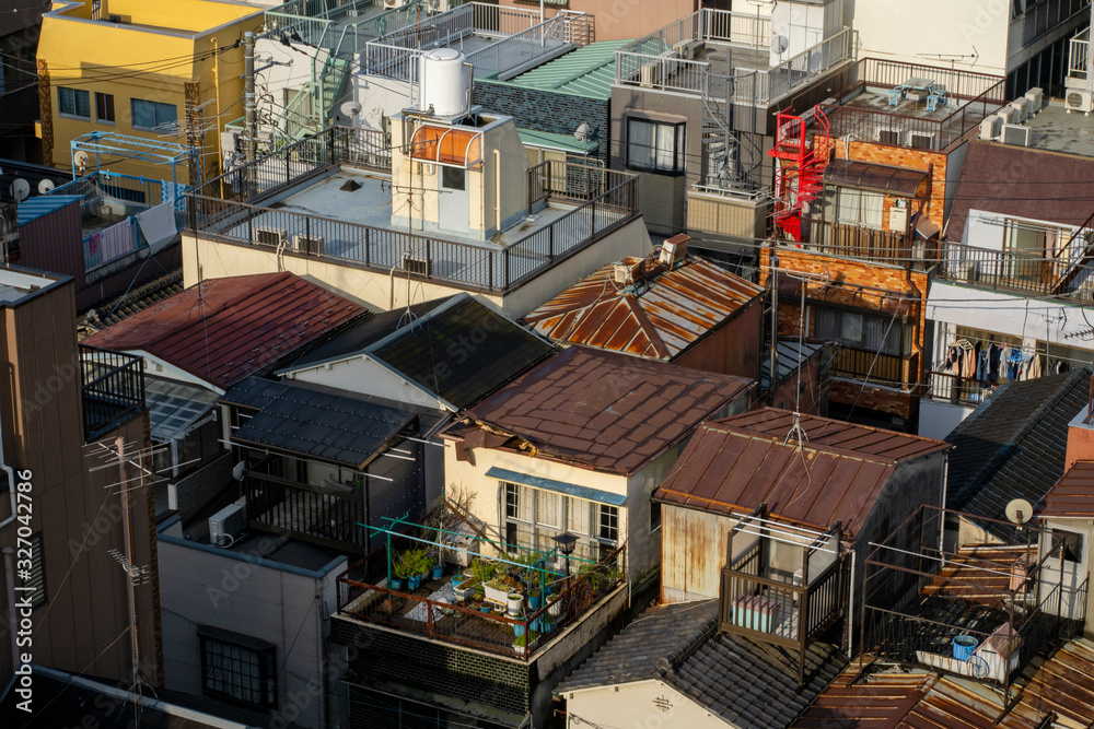 Urban view of Tokyo, Japan. Typical local neighborhood with a lot of ...