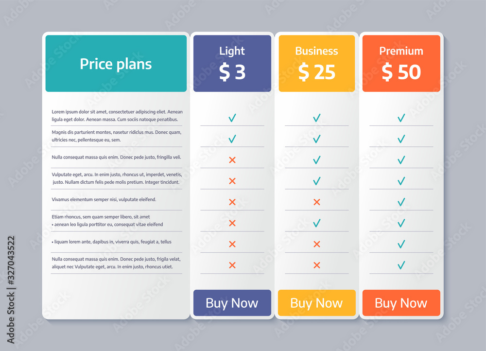 Price table template. Vector. Comparison plan chart. Set pricing data ...