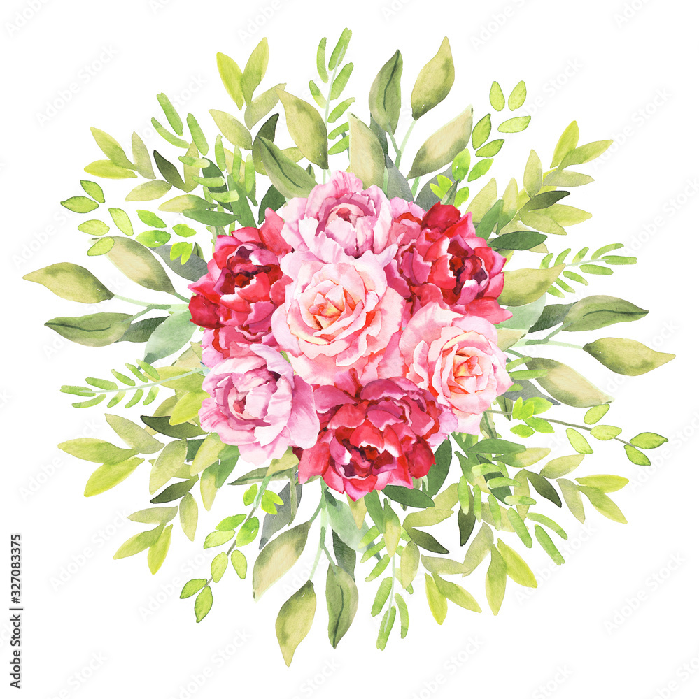 Watercolor hand painted botanical peonies, roses and leaves ...