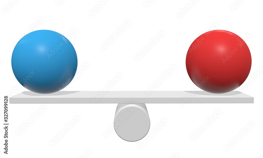 Simple seesaw scales weighing two abstract spheres. Balance, comparison ...