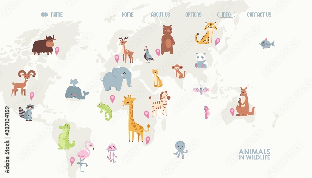 Animals world map vector illustration. Landing page for children online ...