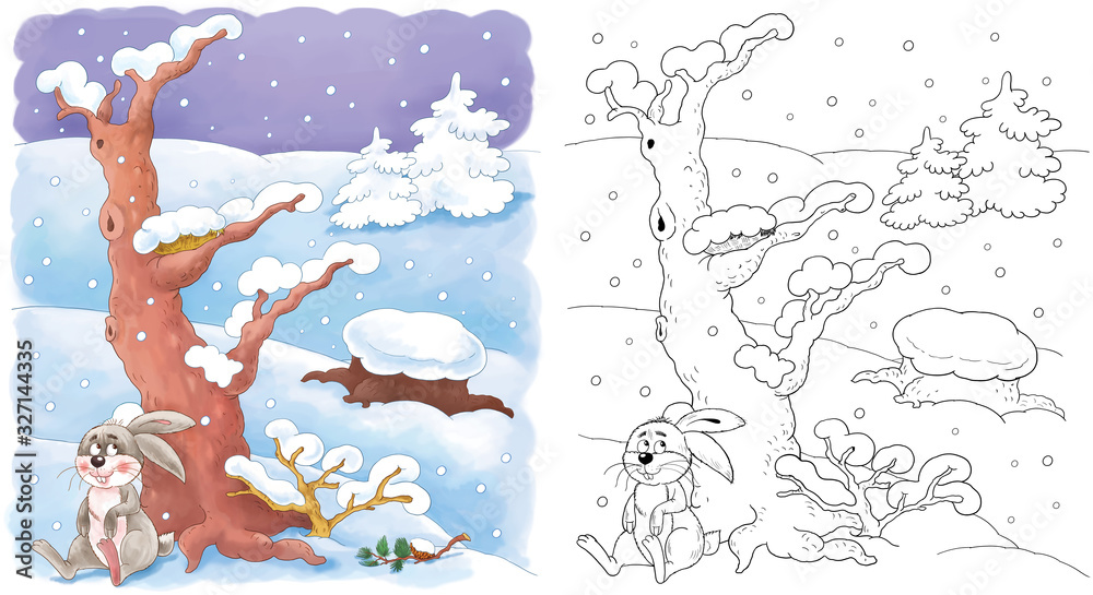 Four seasons. In the forest. Cute hare and hedgehog. Coloring page ...